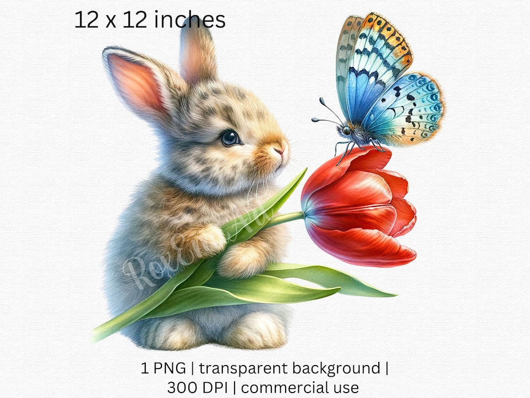 Charming Bunny and Tulip Clipart - Butterfly Garden Rabbit PNG, Spring ...