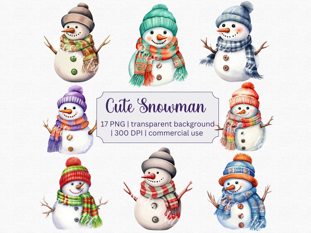 Watercolor Cute Snowman Clipart, Winter Clipart, Snowman Png Bundle ...