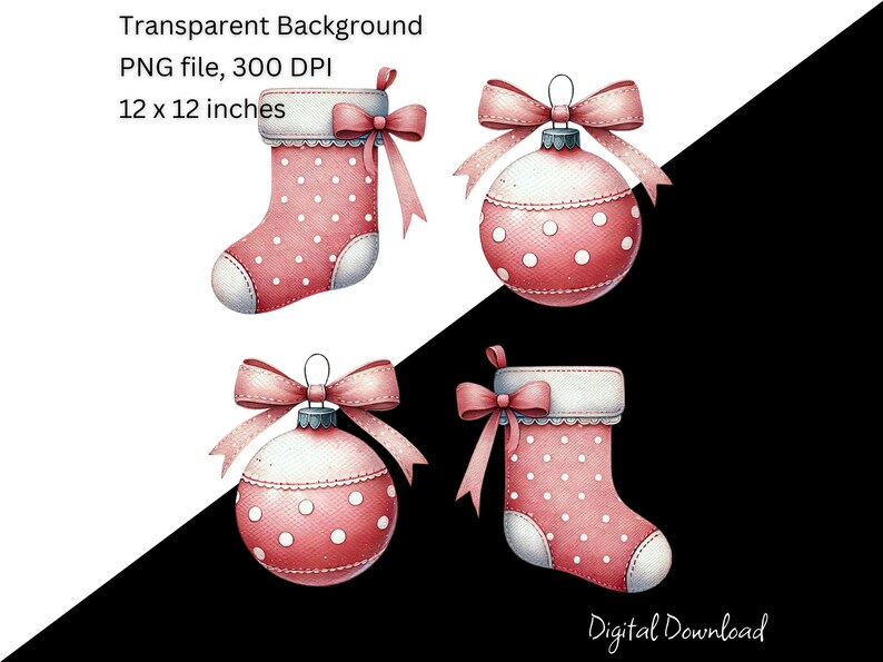 Pink Polka Dot Christmas Clipart, Festive Stockings and Ornaments PNG ...