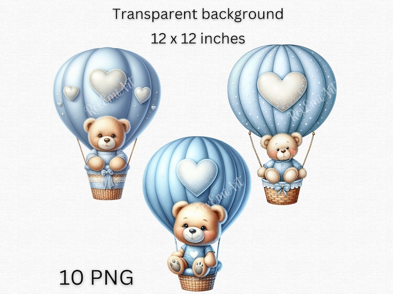 Adorable Teddy Bear Hot Air Balloon Clipart, Cute Digital PNG Bundle ...