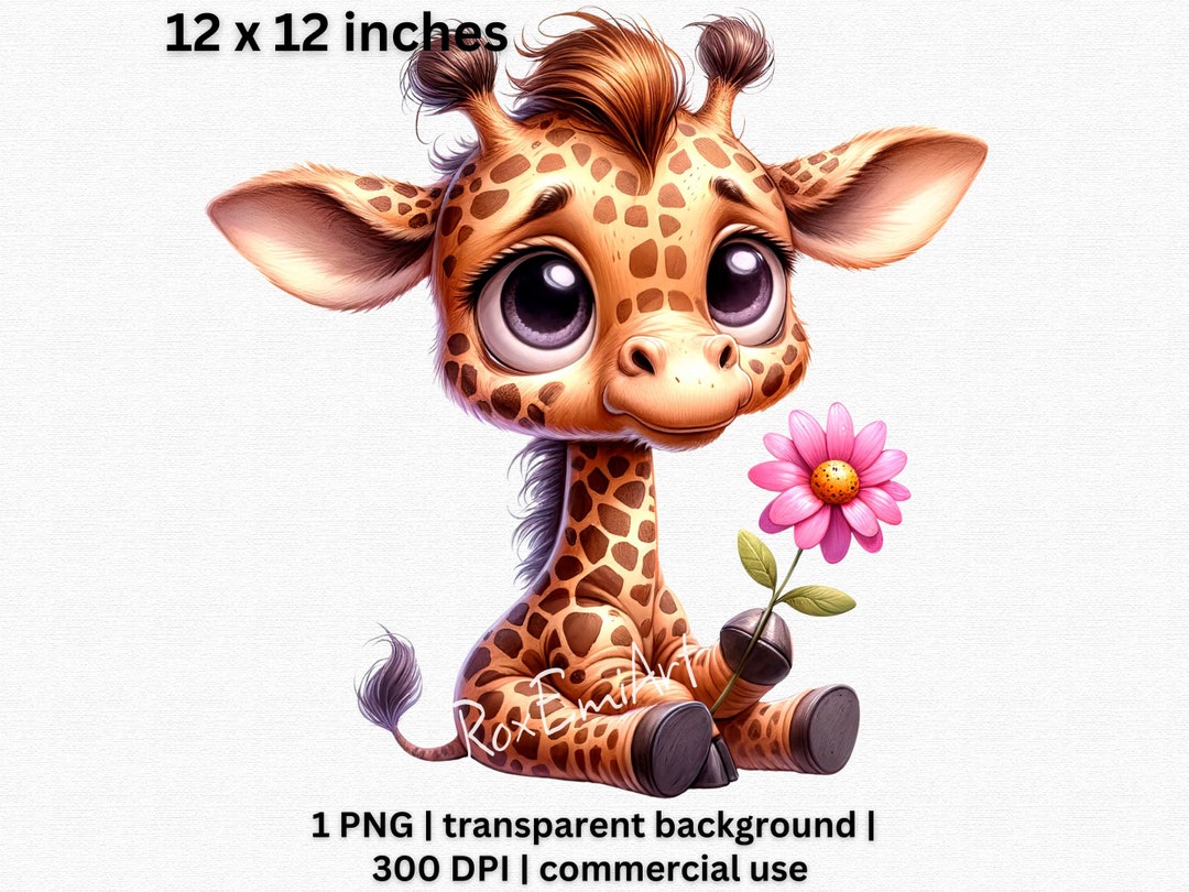 Adorable Baby Giraffe Clipart, Cute Safari Animal With Pink Flower PNG ...