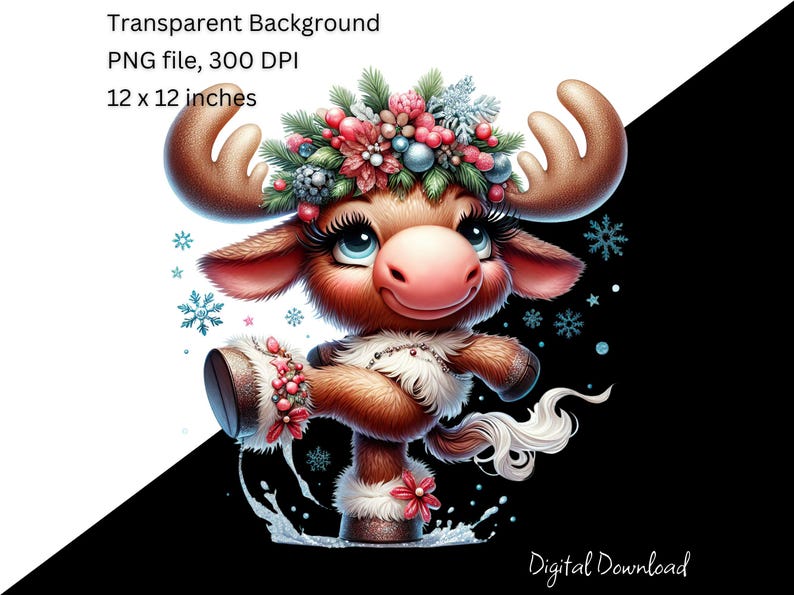 Whimsical Christmas Moose Clipart, Cute Reindeer PNG, Festive Digital ...