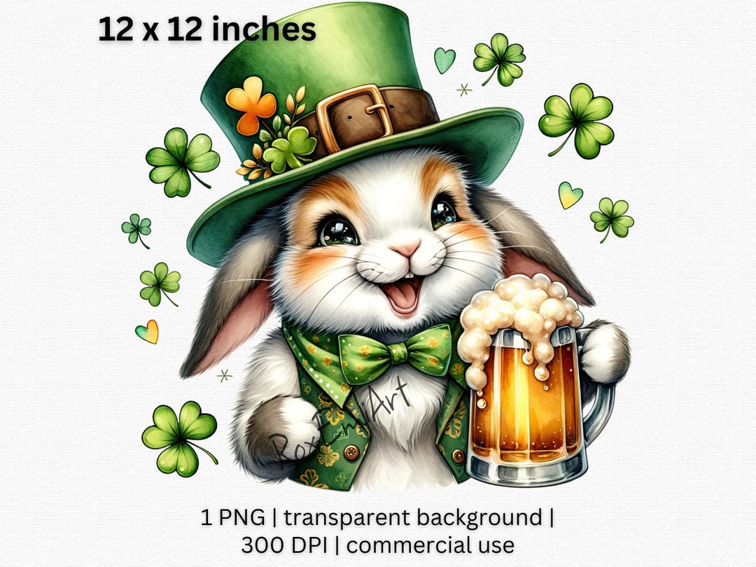 St. Patrick's Day Bunny Clipart, Festive Rabbit With Beer Illustration ...