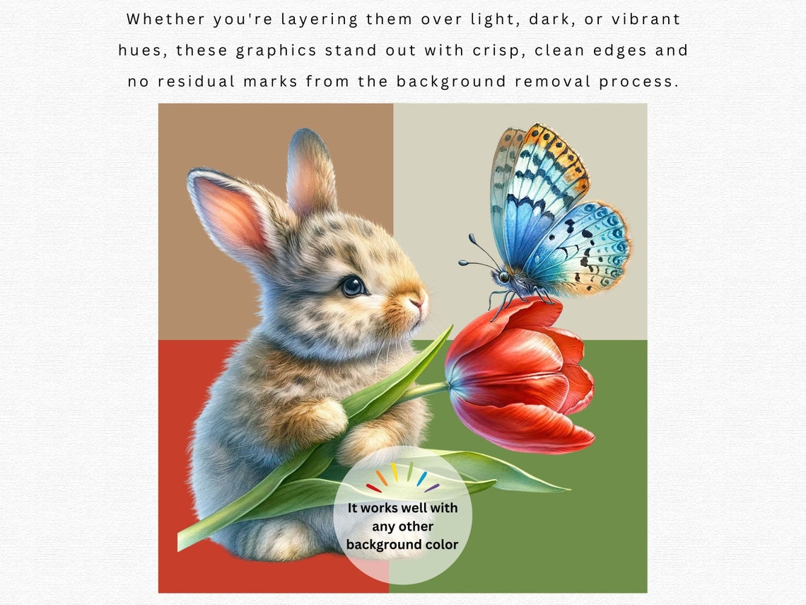 Charming Bunny and Tulip Clipart - Butterfly Garden Rabbit PNG, Spring ...