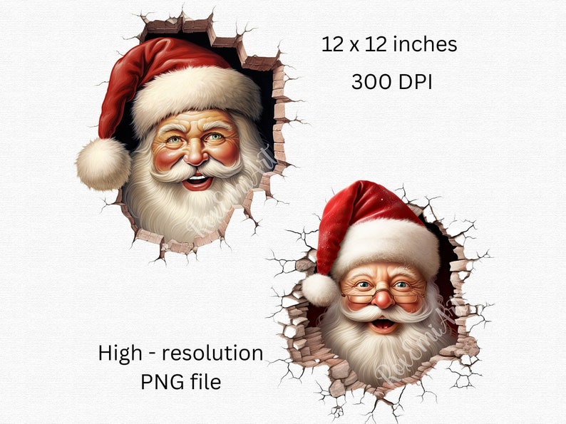 Santa Clipart, Funny Face Santa Peeking Through a Hole in the Wall, 3D ...