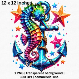 Colorful Rainbow Seahorse Clipart, Nautical Anchor PNG, Whimsical ...