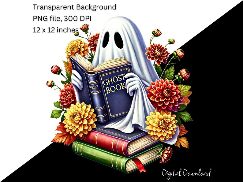 Floral Ghost PNG, Cute Ghost Reading a Book Clipart, Watercolor ...