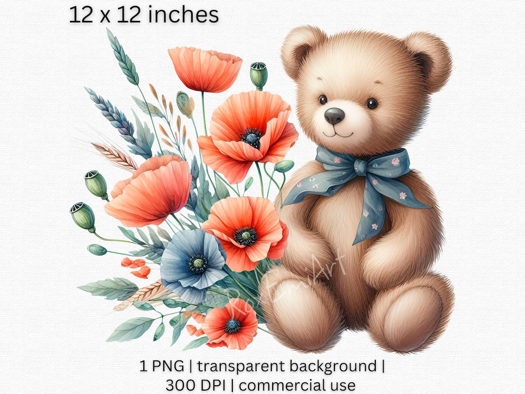 Watercolor Teddy Bear With Poppies Clipart, Boho Floral Illustration ...