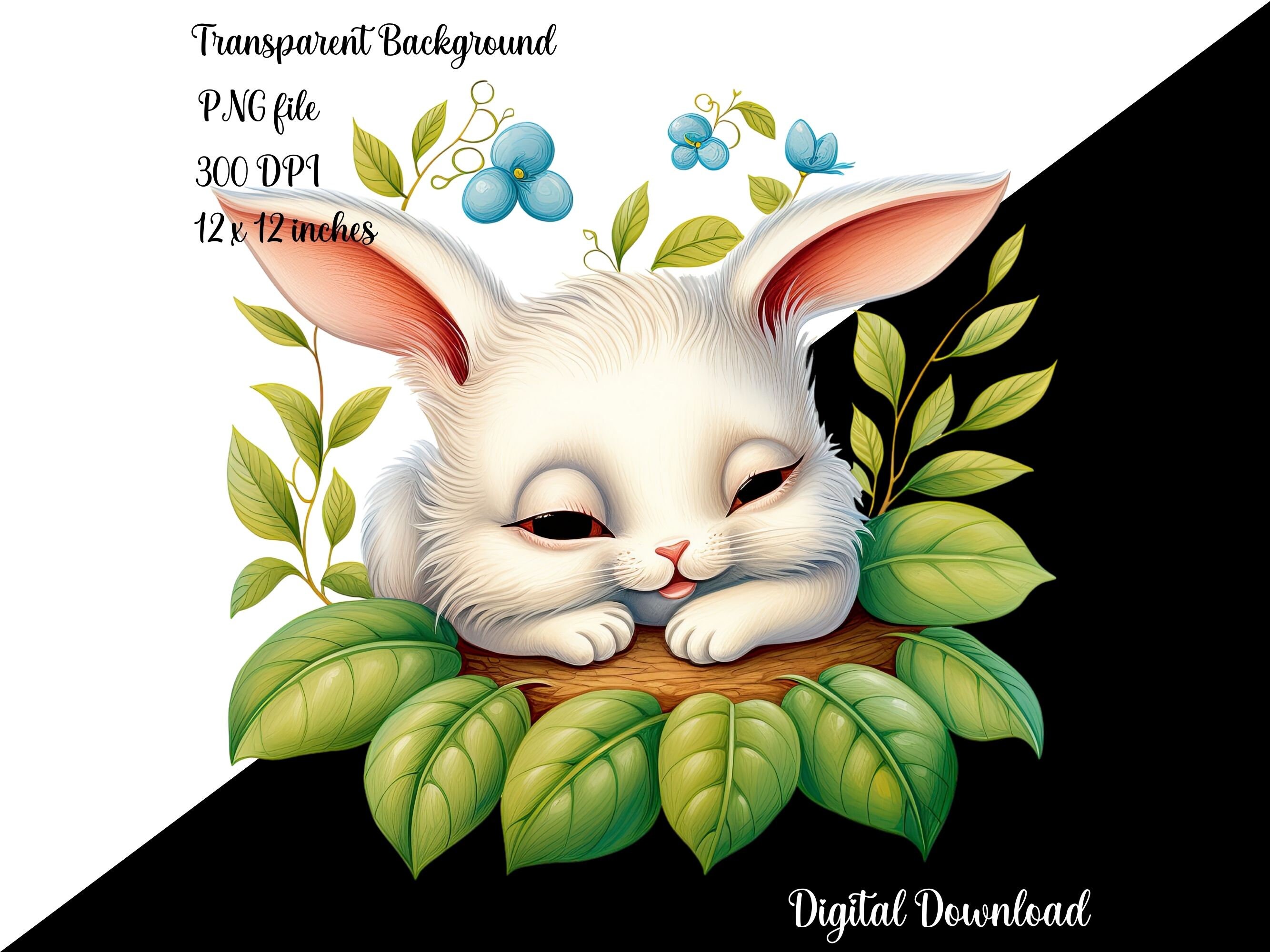 Cute Sleepy Rabbit on a Tree Stump Clipart, Watercolor Spring Bunny ...