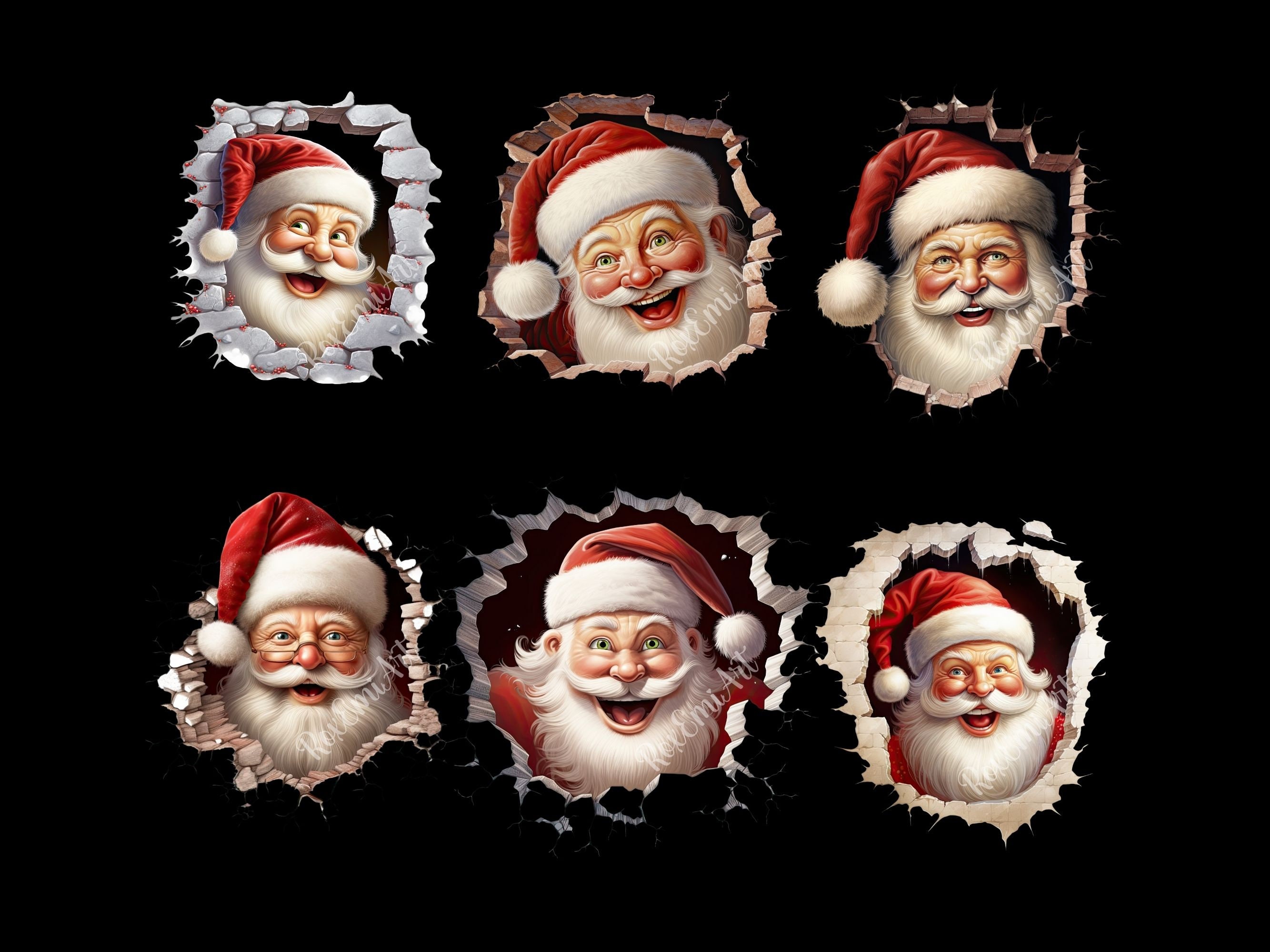 Santa Clipart, Funny Face Santa Peeking Through a Hole in the Wall, 3D ...