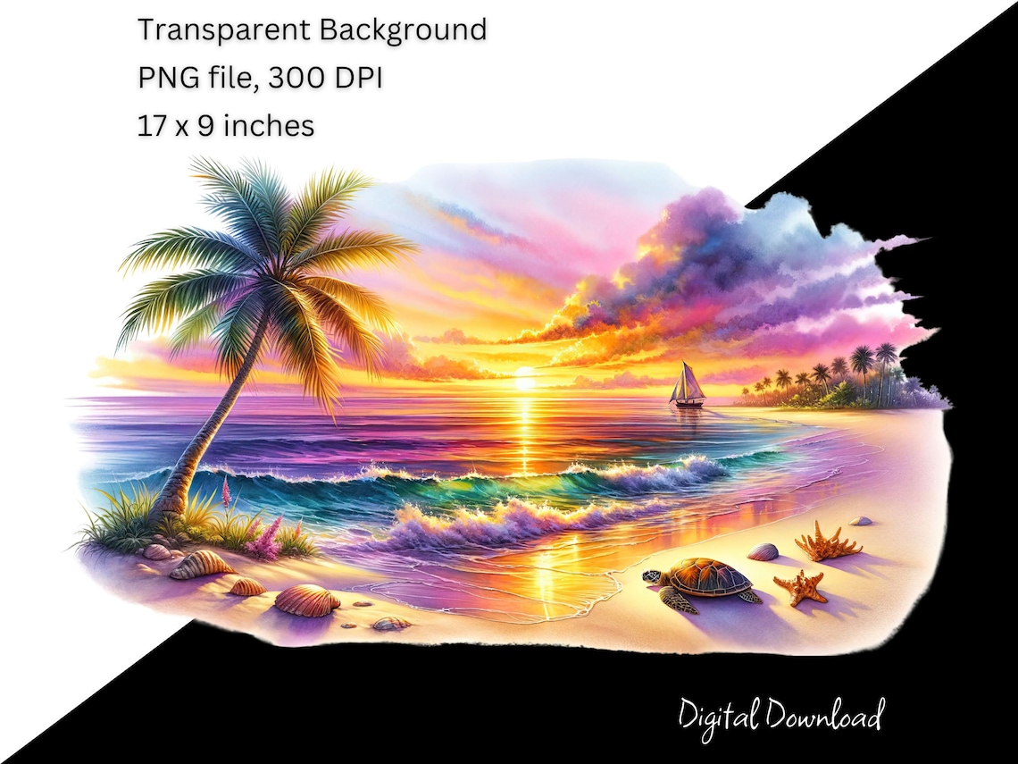 Tropical Sunset Beach Clipart, Ocean Clipart, Whimsical Seascape ...