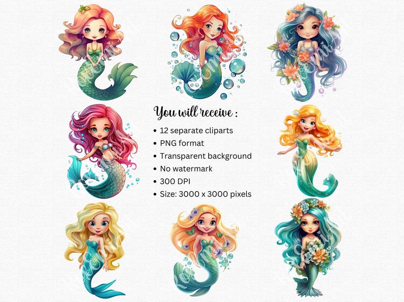 Mermaid Clipart Bundle - Dive Into Fantasy: Whimsical Watercolor PNG ...