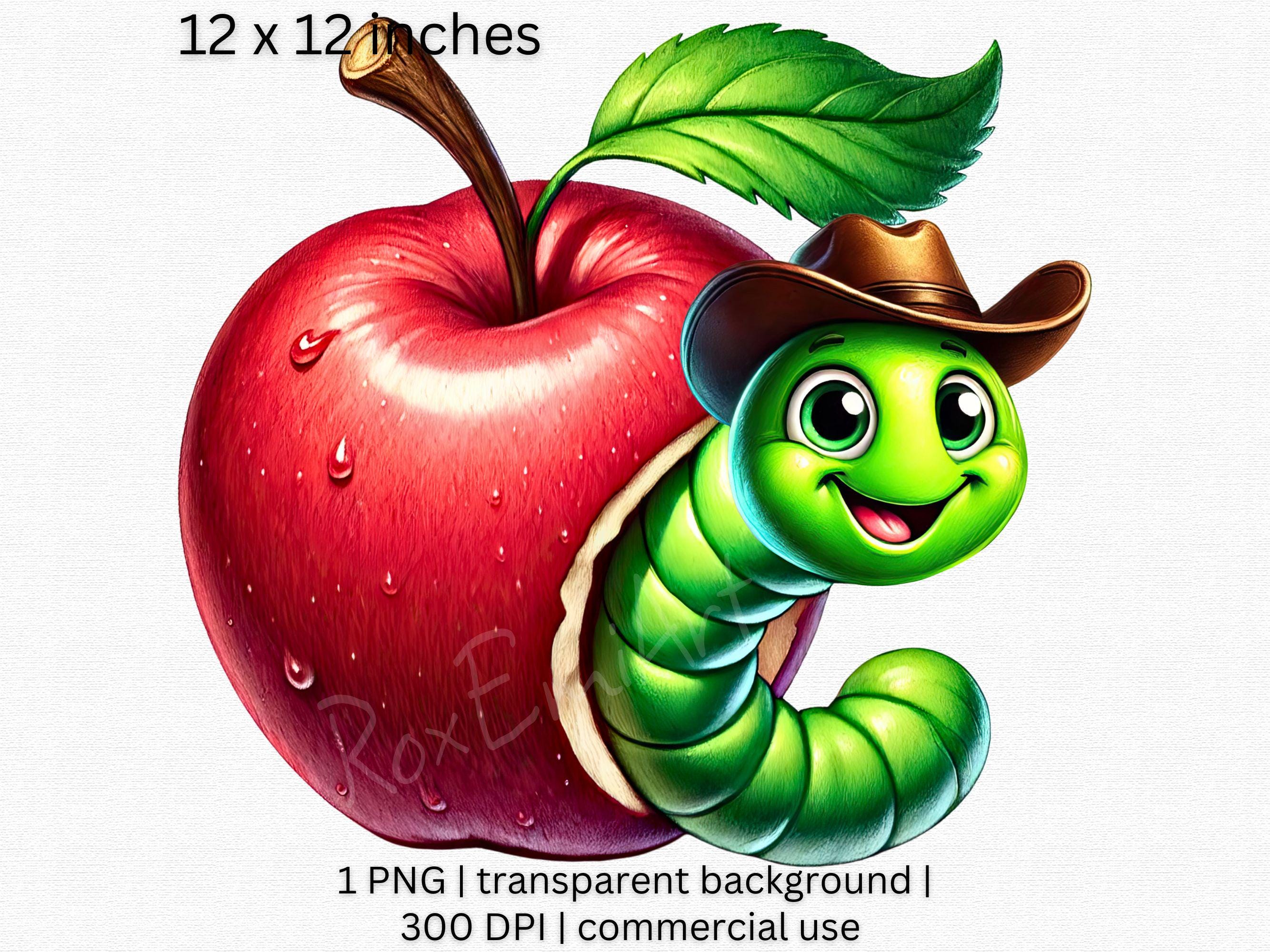 Adorable Cowboy Worm in Apple Clipart, Watercolor Fruit PNG, Fun ...