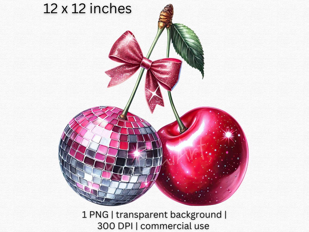 Sparkling Disco Ball Cherry PNG, Retro Glam Printable Art, Pink Bow PNG ...