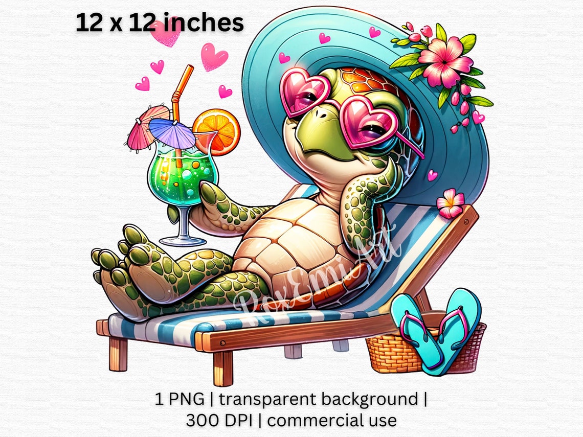 Chic Beach Sea Turtle Clipart, Whimsical Animal PNG, Vibrant Vacation ...