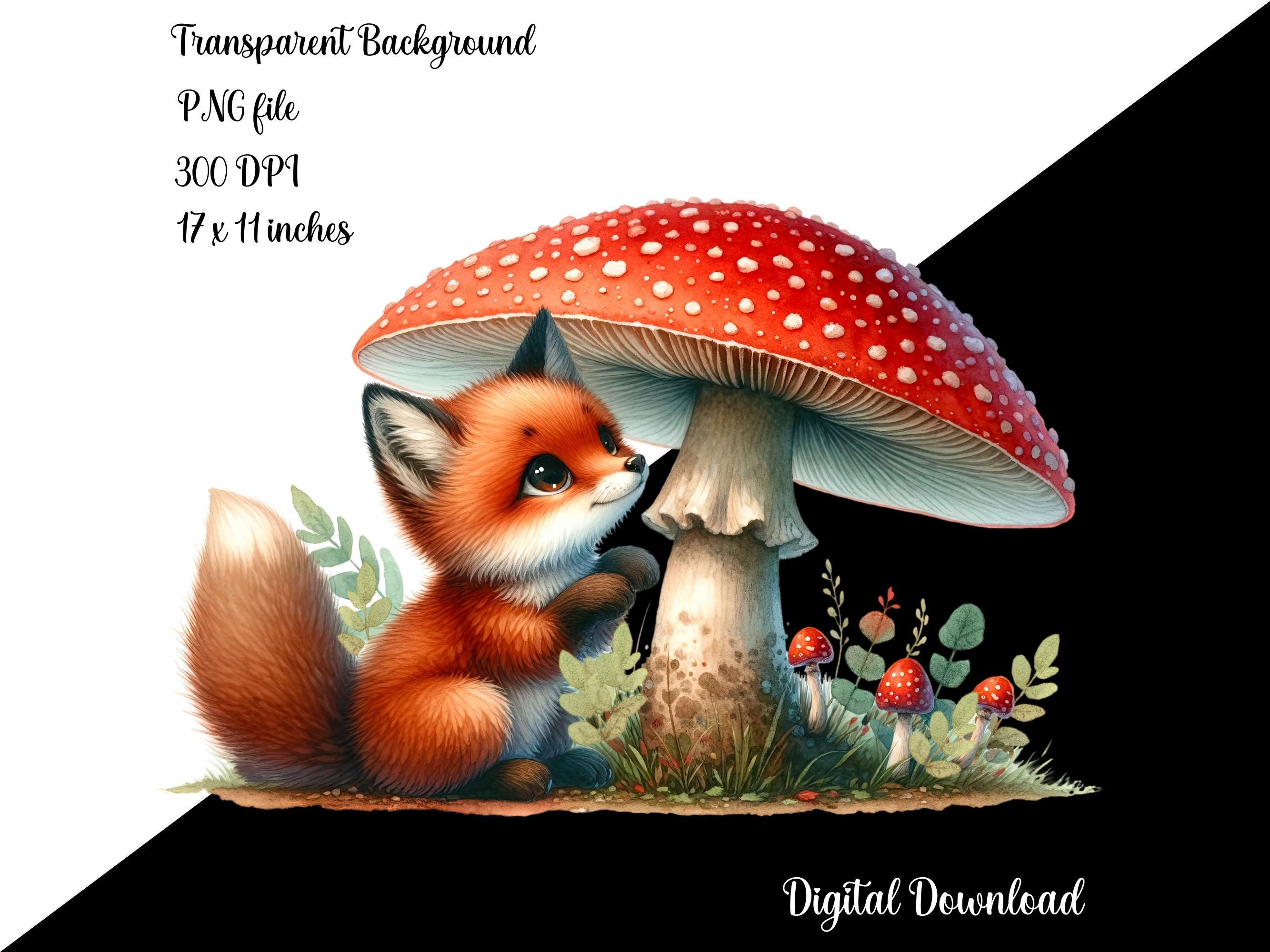 Cute Fox and Mushroom Clipart, Whimsical Watercolor Animal Portrait ...