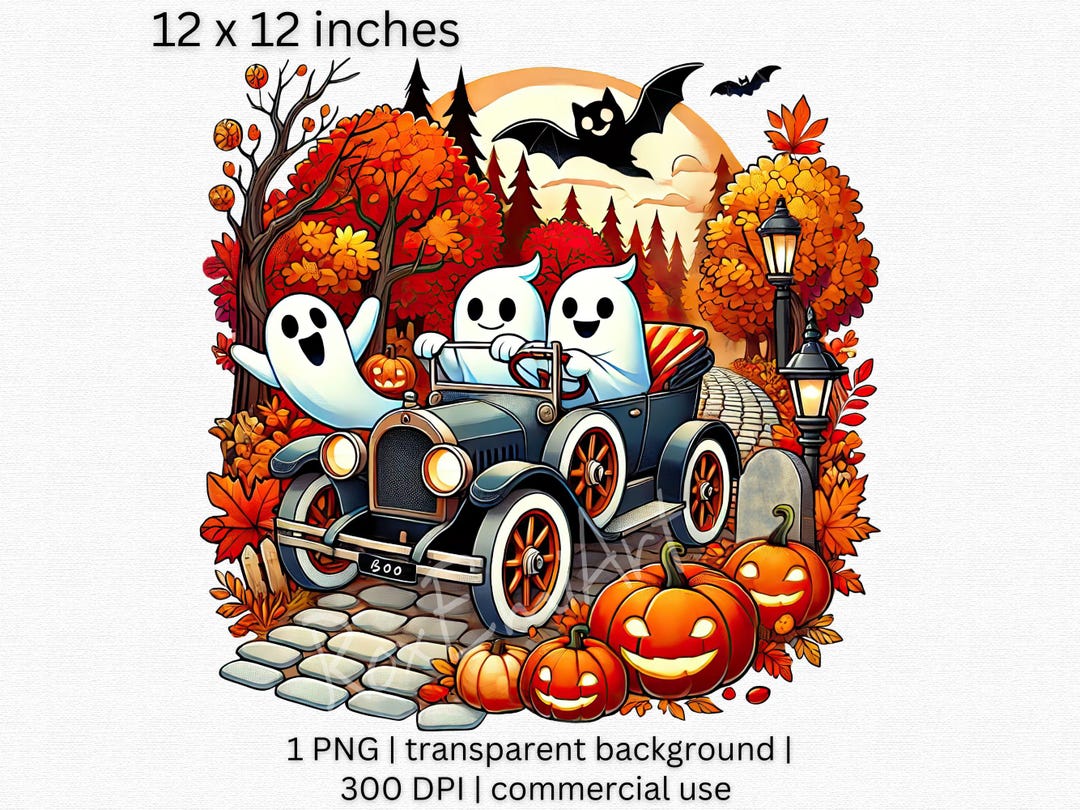 Friendly Ghosts in Vintage Car Clipart, Retro Halloween PNG, Spooky ...