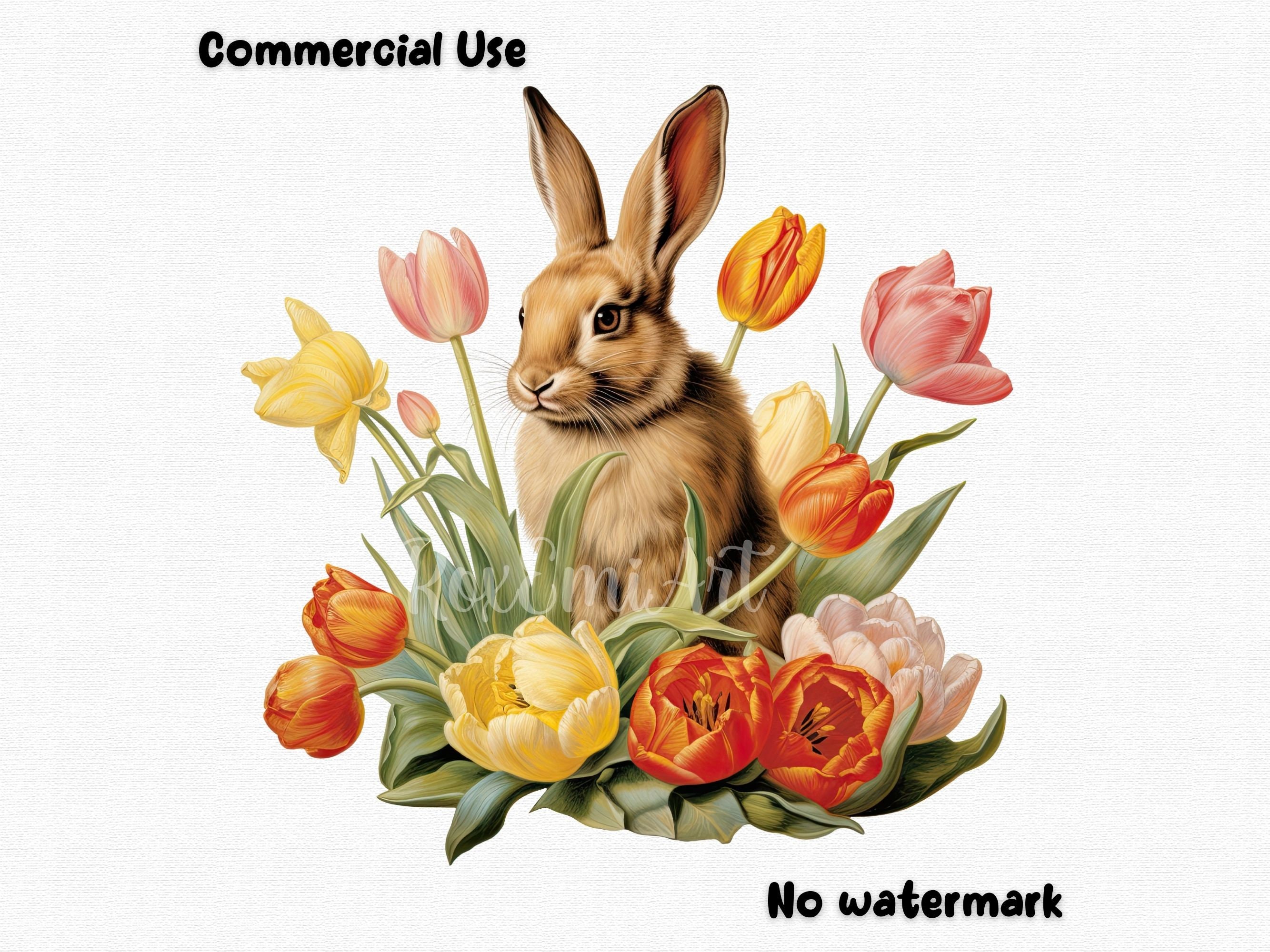 Spring Tulips and Bunny Clipart Bundle Vibrant Floral Rabbit Pngs ...