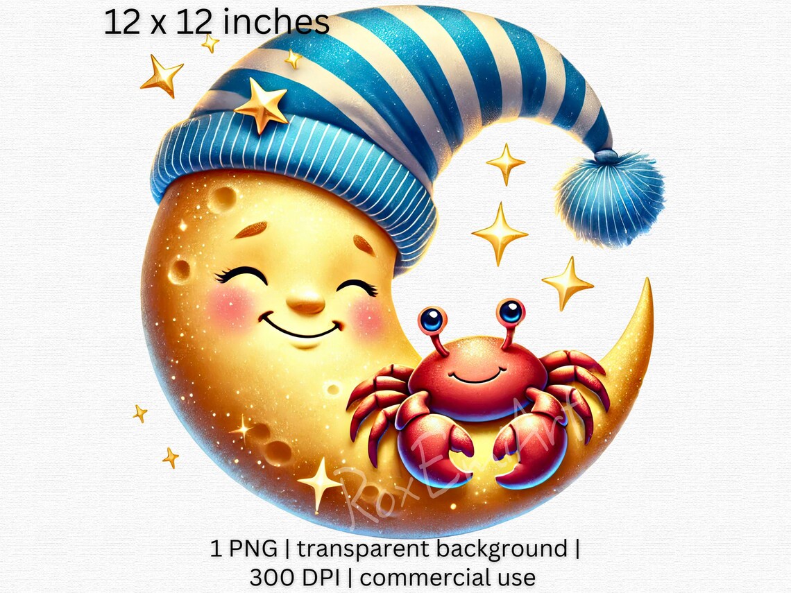 Adorable Sleepy Moon With Smiling Crab Clipart, Dreamy Illustration ...