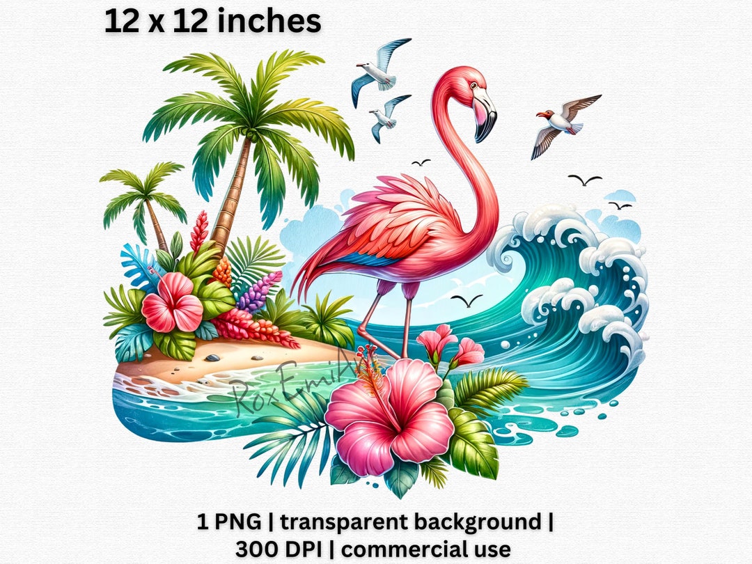 Tropical Paradise Flamingo Clipart, Beach Hibiscus Palm Trees Ocean ...