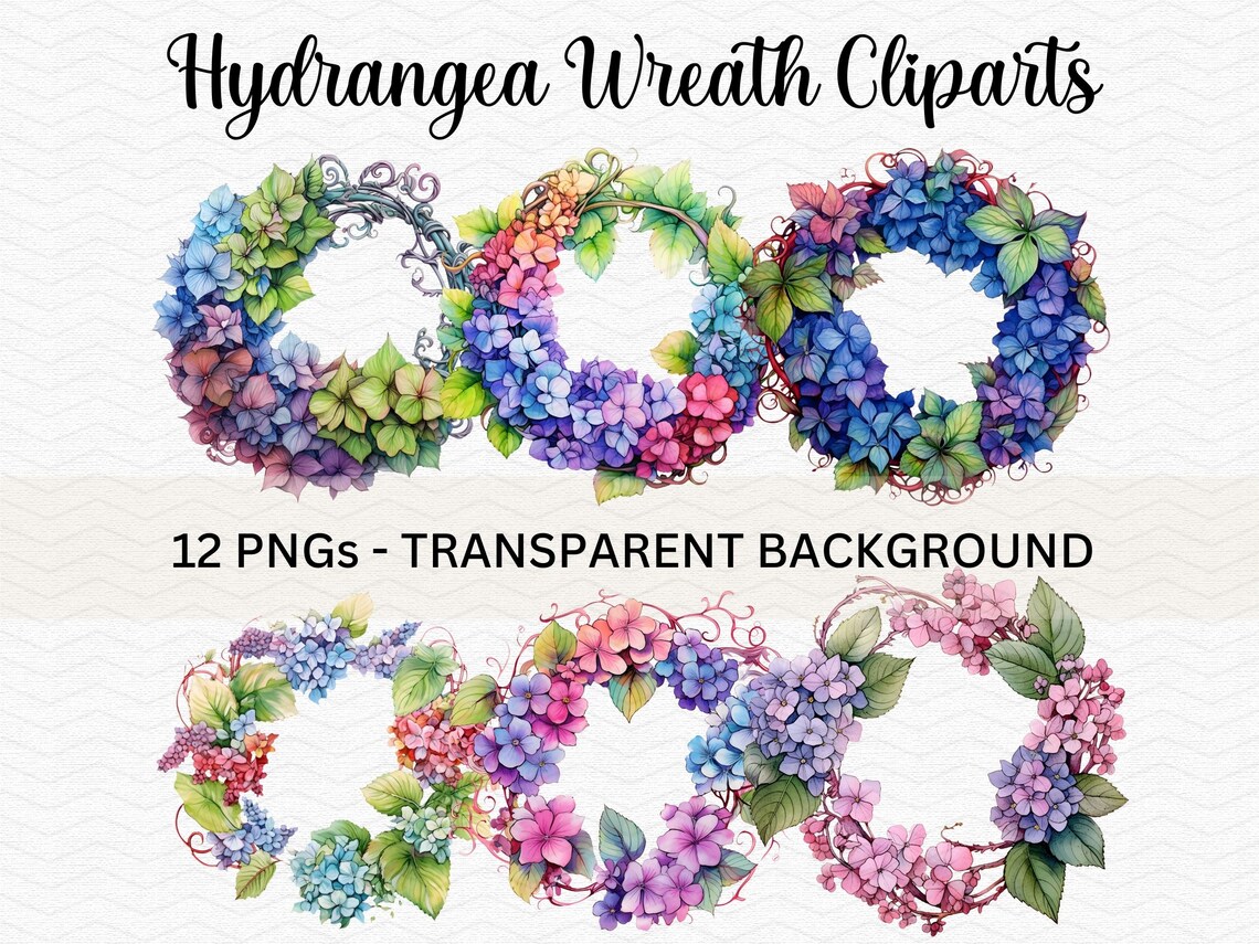 Hydrangea Wreath Watercolor Clipart Bundle Transparent Pngs, Digital ...