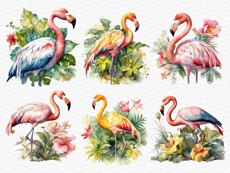 Watercolor Flamingo PNG Clipart With Tropical Plant PNG - Etsy