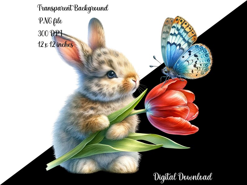 Charming Bunny and Tulip Clipart - Butterfly Garden Rabbit PNG, Spring ...