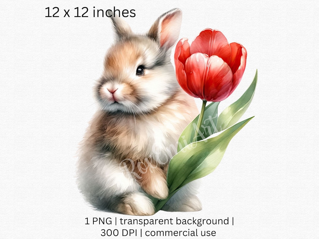 Adorable Fluffy Bunny Tulip Clipart, Watercolor Rabbit Spring Floral ...