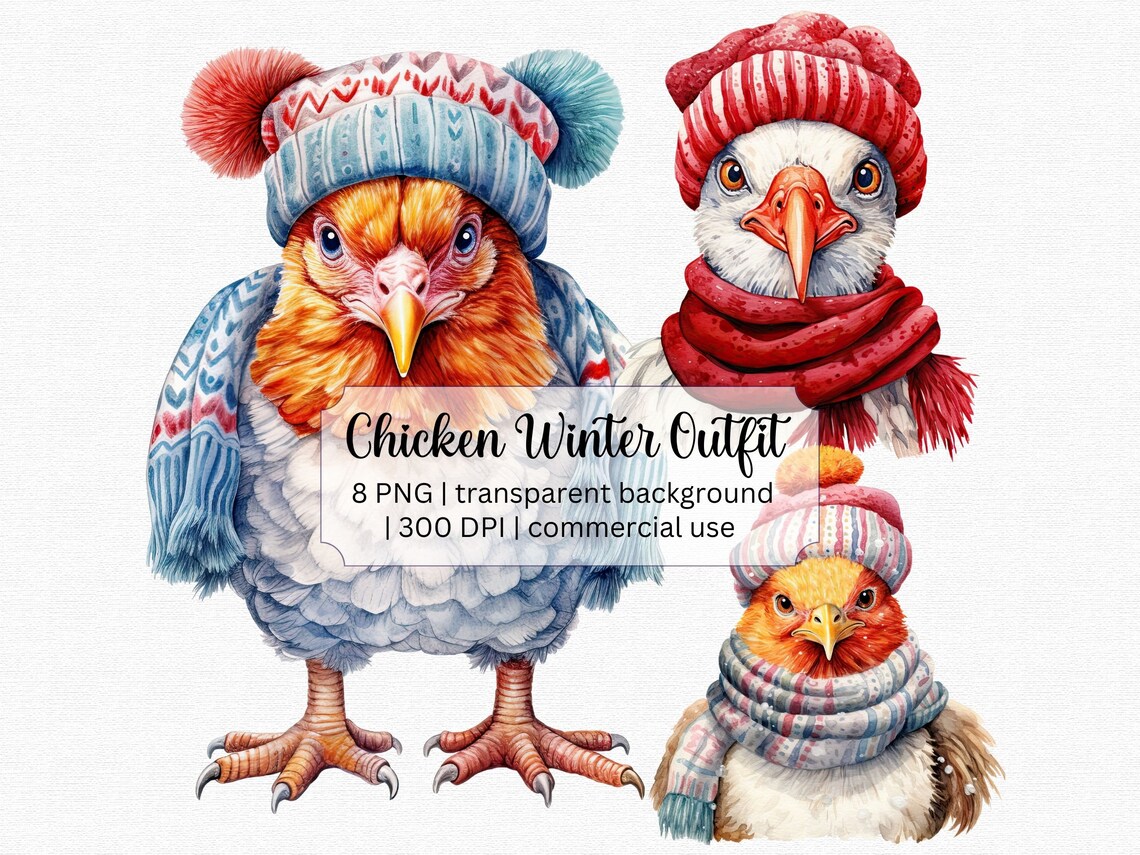 Watercolor Chicken Clipart, Chicken PNG, Funny Chicken in Winter Hat ...