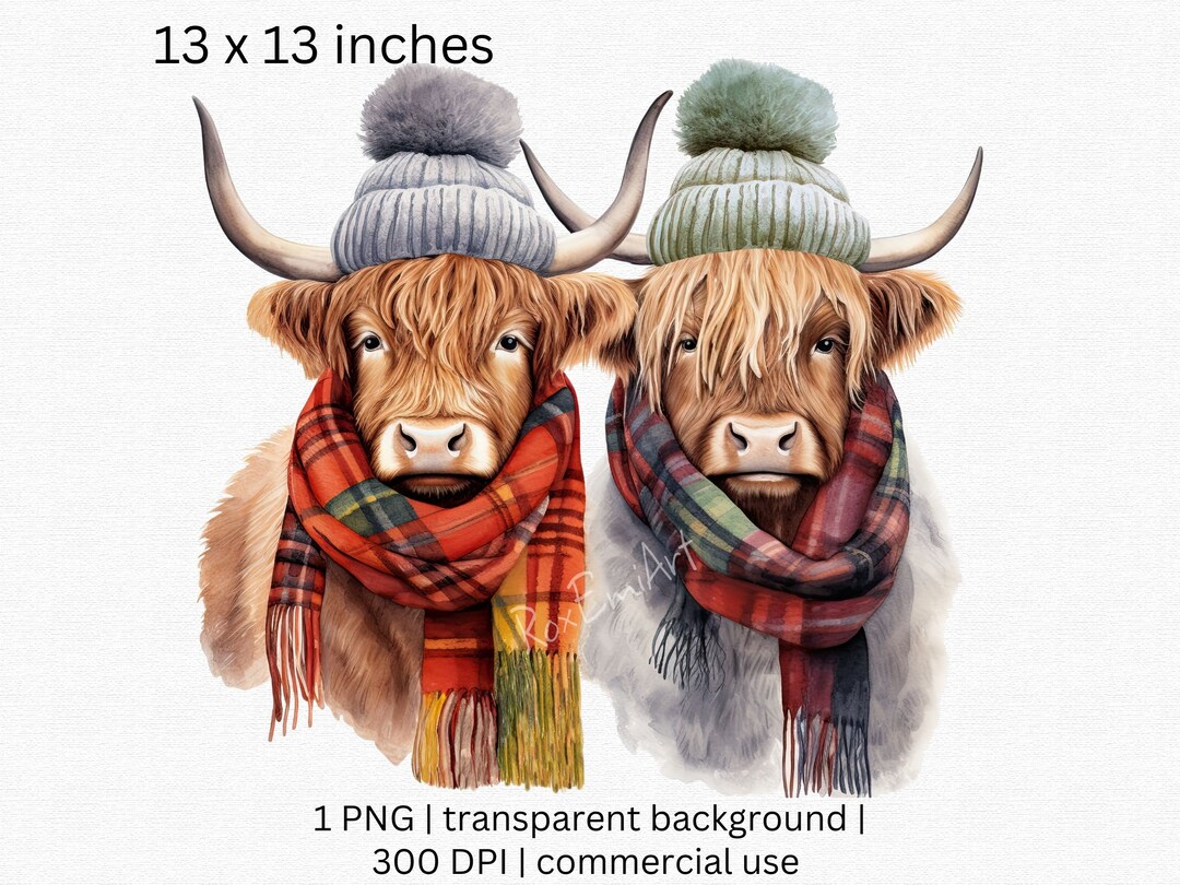 Highland Cows Buddies in Hats With Scarves Clipart, Warm Cosy Winter ...