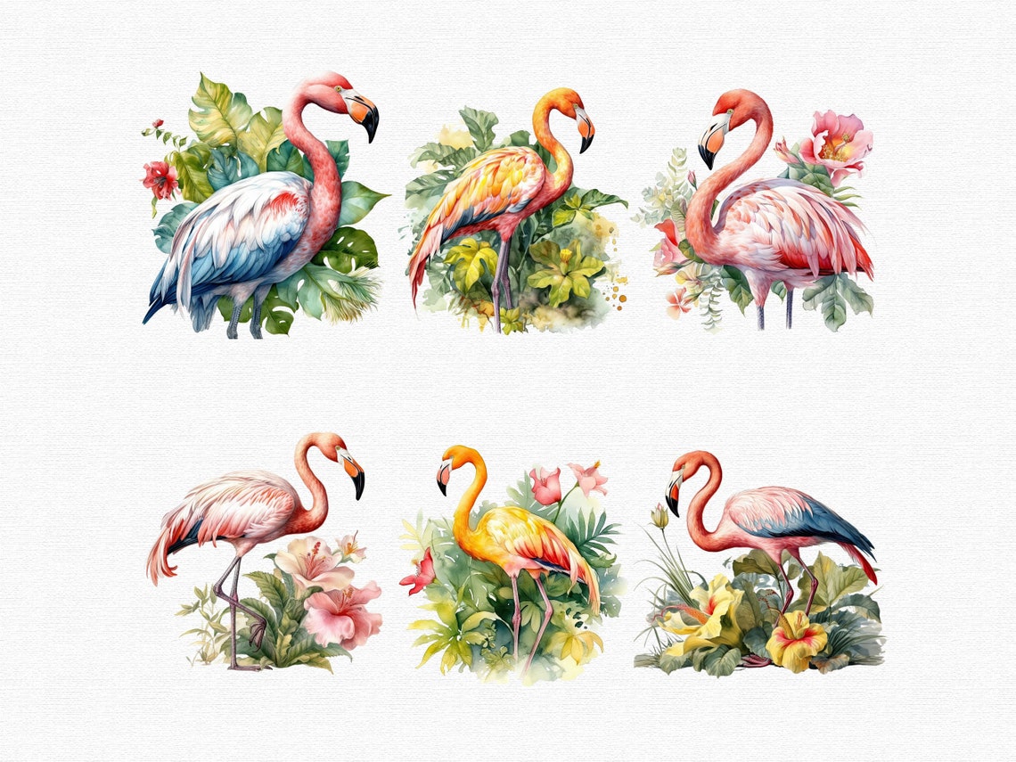 Watercolor Flamingo PNG Clipart With Tropical Plant PNG Bundle, Summer ...