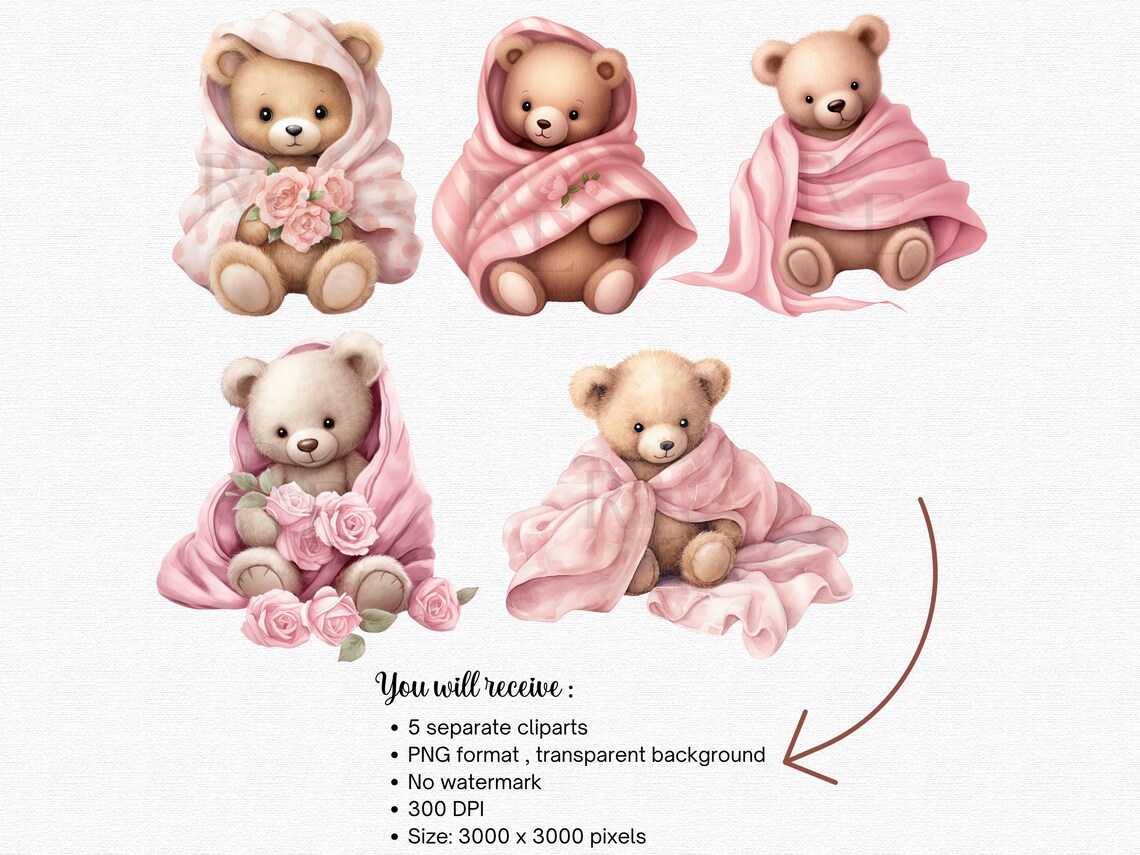 Pink Teddy Bear Clipart | Cute Teddy Bear in Pink Blanket, Ideal for ...