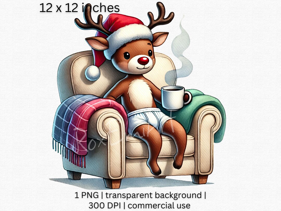 Cozy Christmas Reindeer Clipart, Relaxing Deer With Cocoa, Cute Digital ...