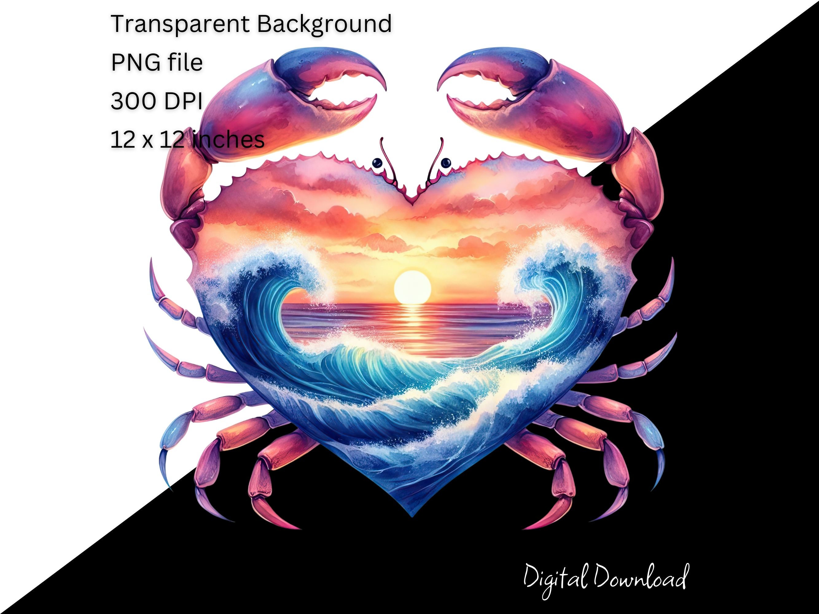 Coastal Sunset Crab Clipart, Ocean Wave & Horizon Scene PNG, Sea Life ...