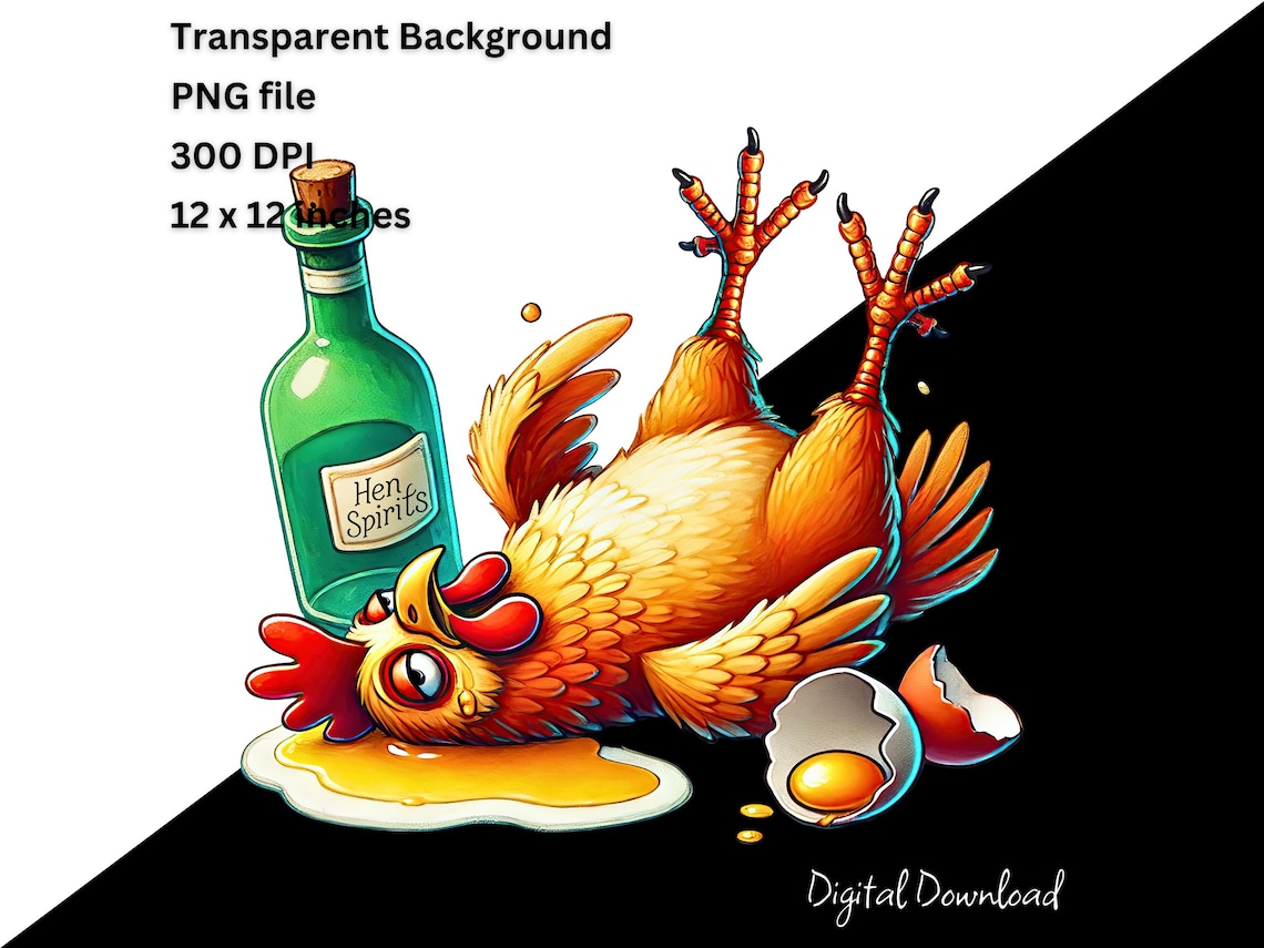 Funny Drunk Hen PNG, Watercolor Crazy Chicken Clipart, Quirky Cartoon ...
