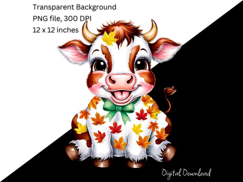 Cute Autumn Baby Cow Clipart, Cute Fall Farm Animal Clipart, Harvest ...