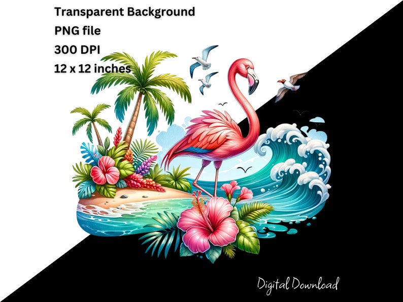 Tropical Paradise Flamingo Clipart, Beach Hibiscus Palm Trees Ocean ...
