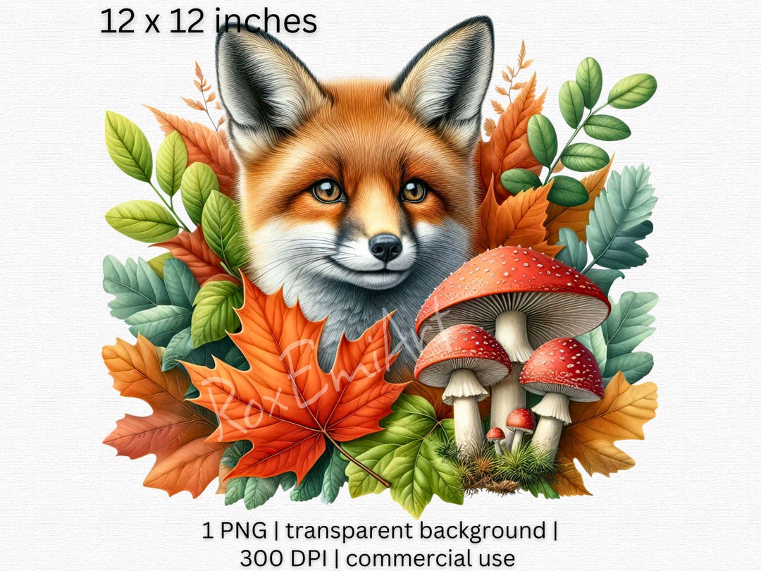 Autumn Fox Clipart, Fall Forest Fox With Mushrooms PNG, Woodland Animal ...