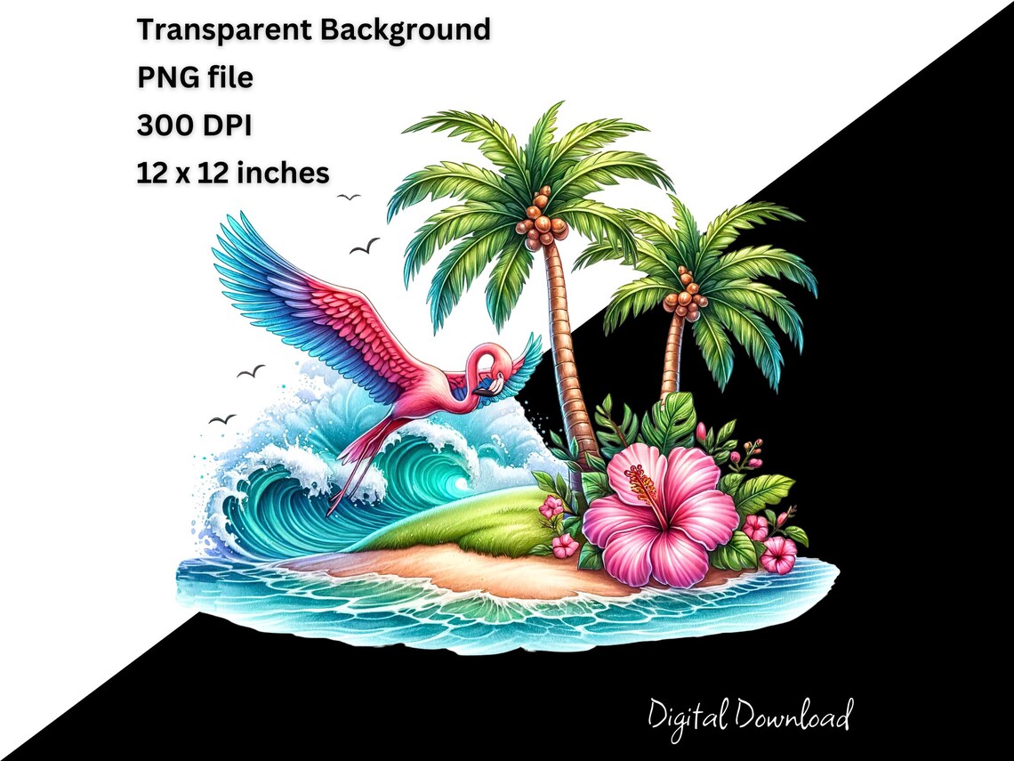 Vibrant Tropical Island and Flamingo Clipart, Hibiscus Palm Trees Ocean ...