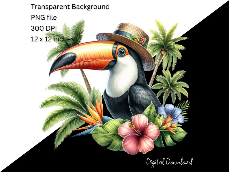 Tropical Toucan Clipart, Vibrant Bird Illustration, Floral Summer Decor ...