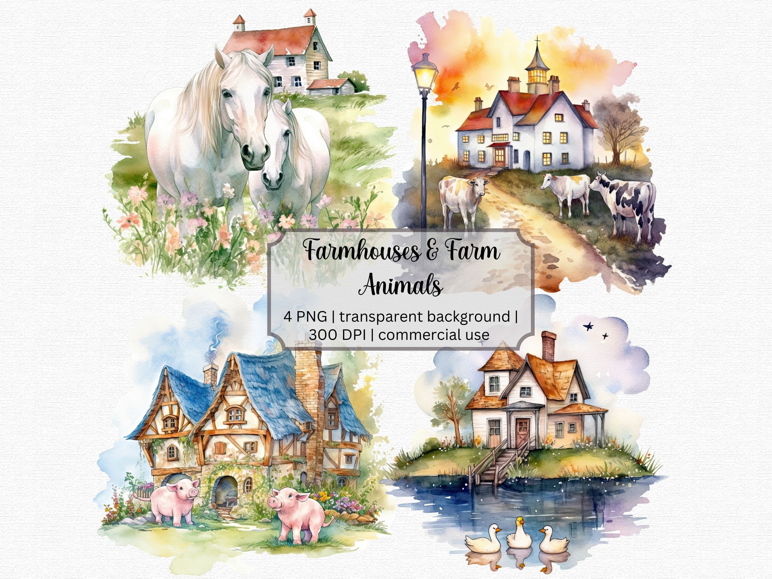 Rustic Farmhouse Clipart Set Watercolor Farm Animals & Barns ...