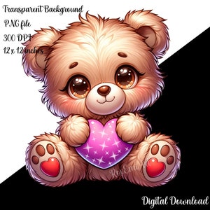 Cute Valentine Teddy Bear Clipart With Glitter Heart, Valentine's Day ...