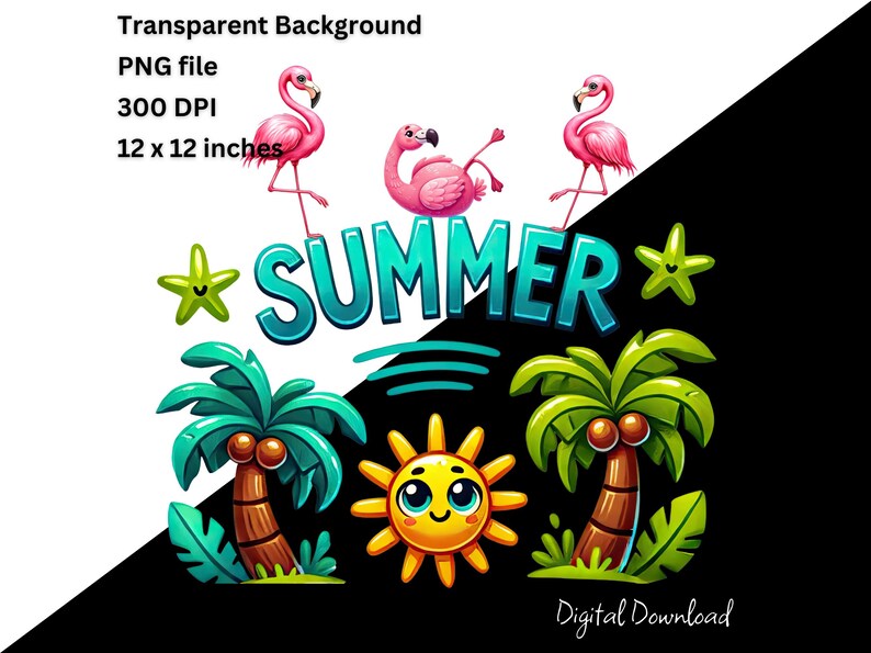 Whimsical Summer Flamingo and Sun Clipart, Vibrant Summer PNG, Cute ...
