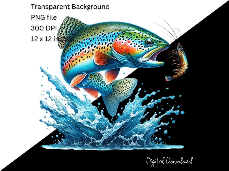 Rainbow Trout Clipart, Colorful Fish and Water Splash Illustration for ...