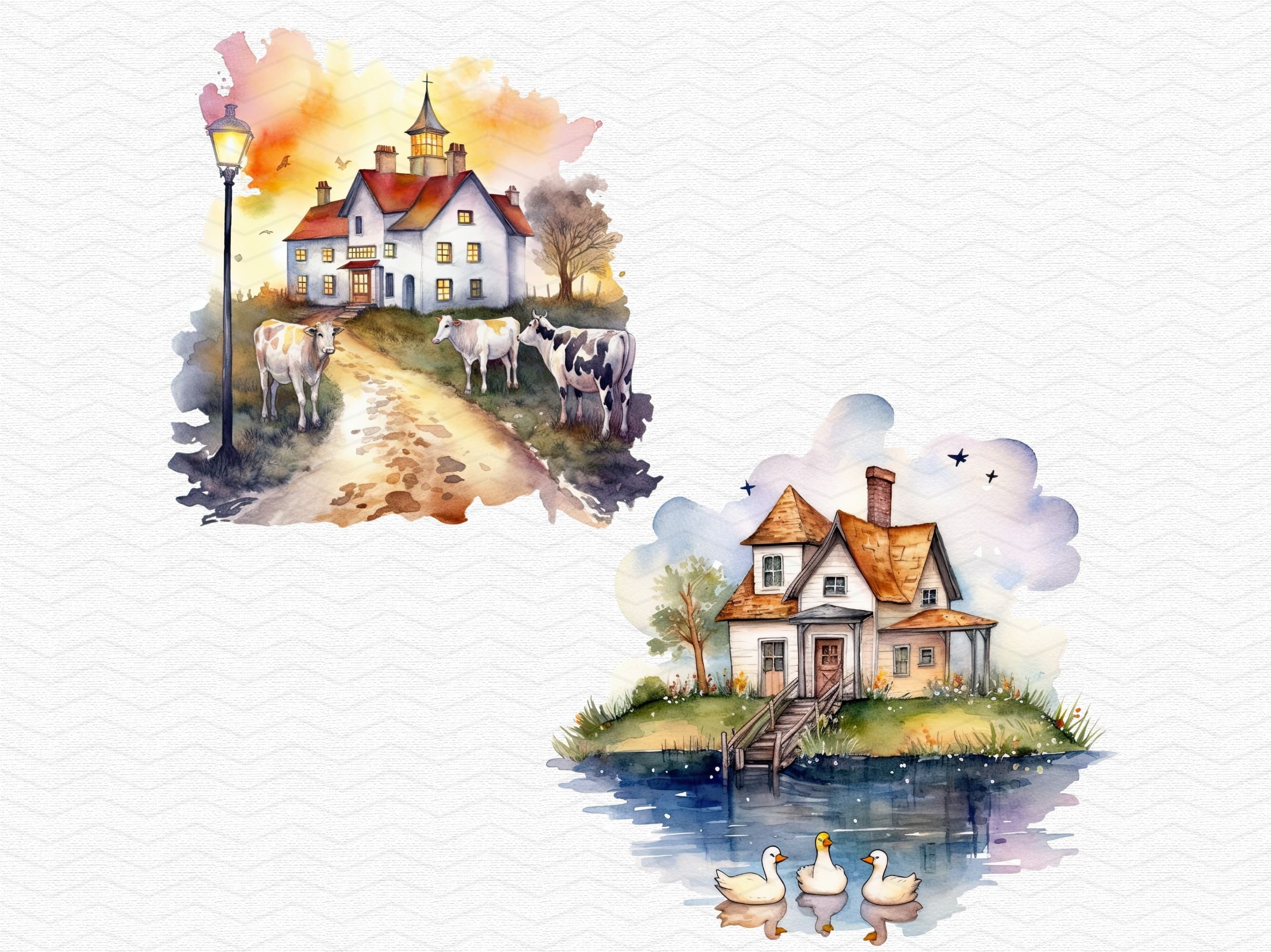 Rustic Farmhouse Clipart Set Watercolor Farm Animals & Barns ...