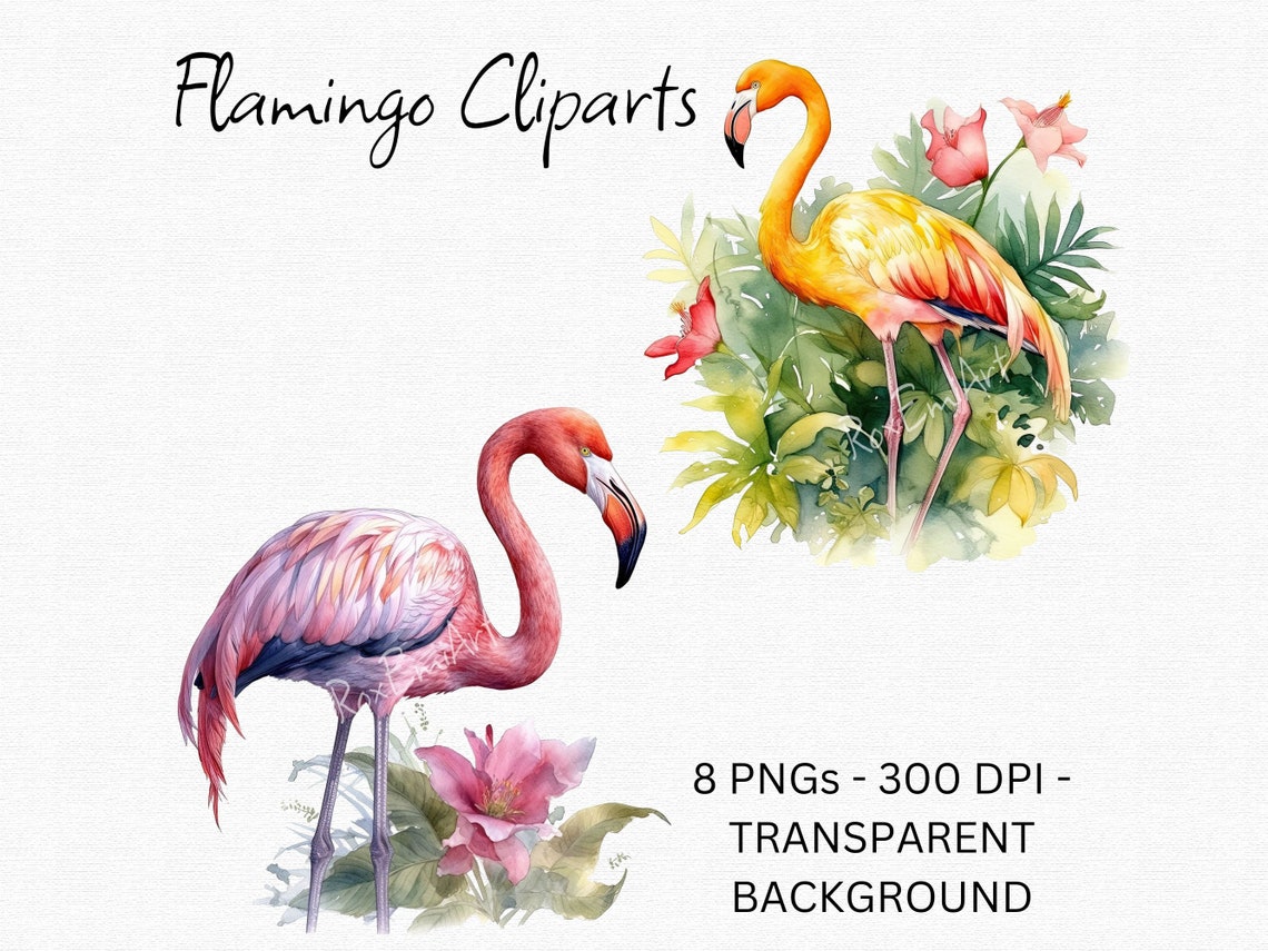 Watercolor Flamingo PNG Clipart With Tropical Plant PNG Bundle, Summer ...