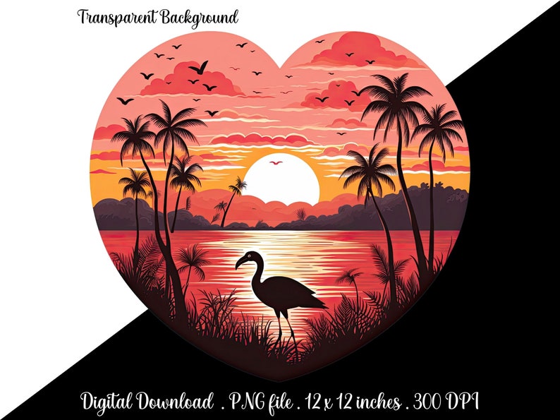 Heart Shaped Sunset PNG, Watercolor Valentine's Day Vintage Flamingo ...