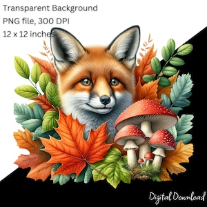 Autumn Fox Clipart, Fall Forest Fox With Mushrooms PNG, Woodland Animal ...