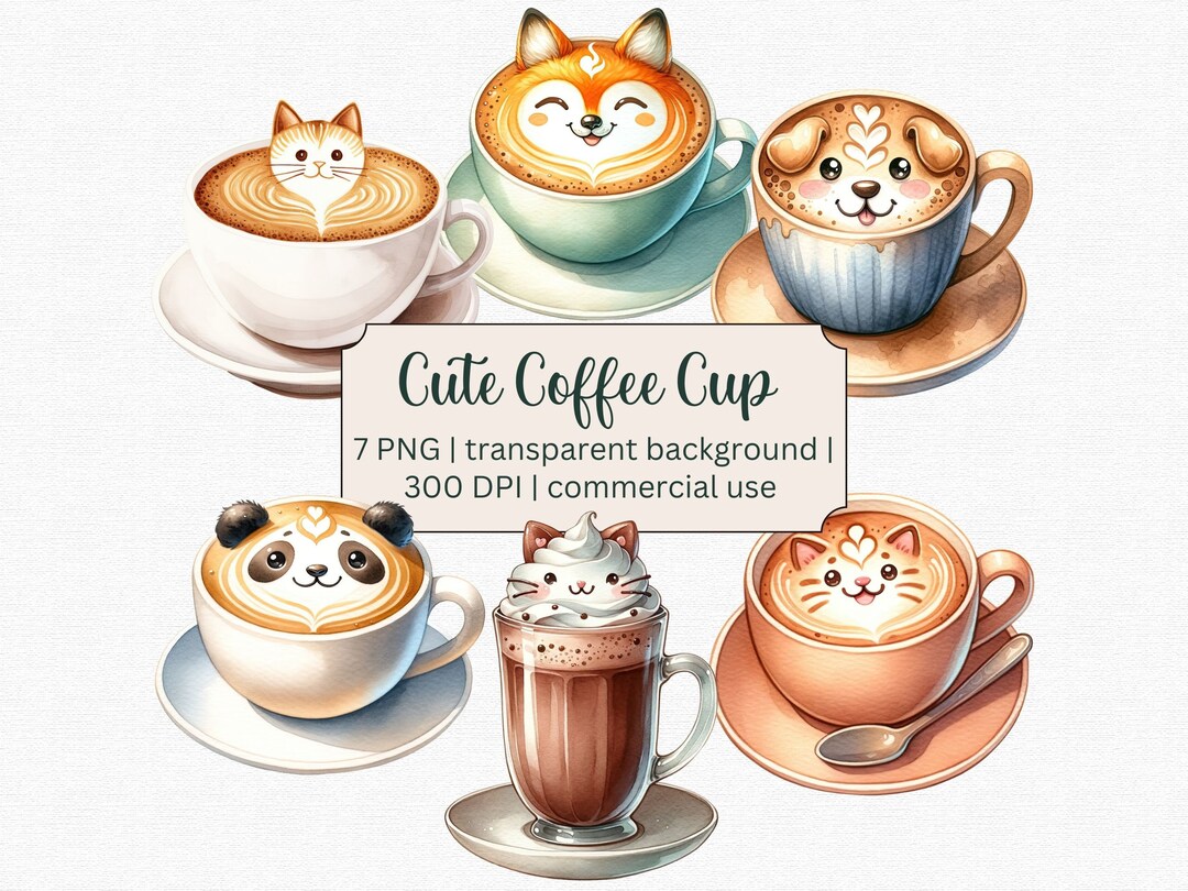 Whimsical Coffee Cup Clipart With Cute Animal Faces for Adorable Latte ...