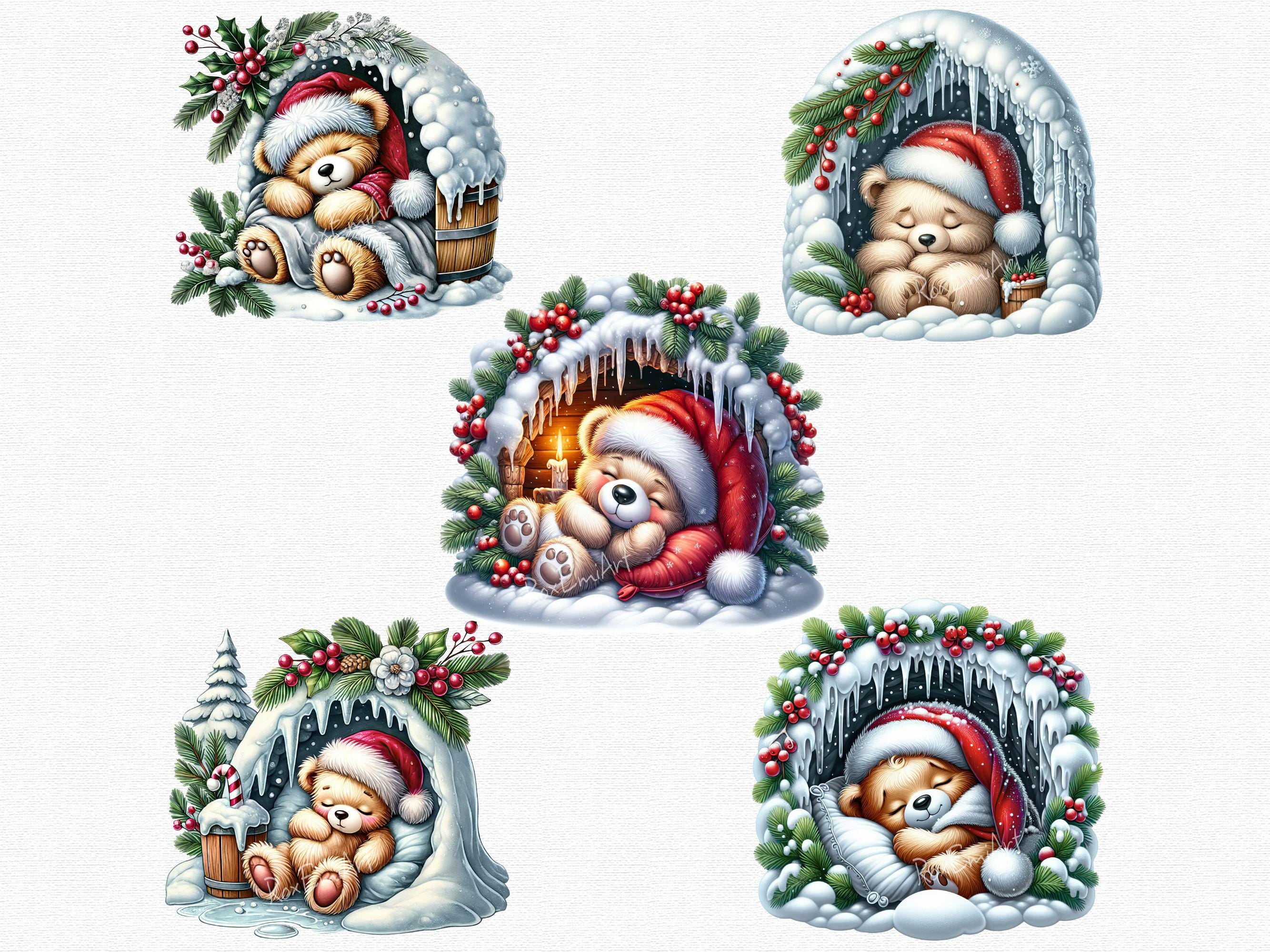 Sleepy Teddy Bear Clipart Bundle, Cute Christmas Bears in Snowy Caves ...